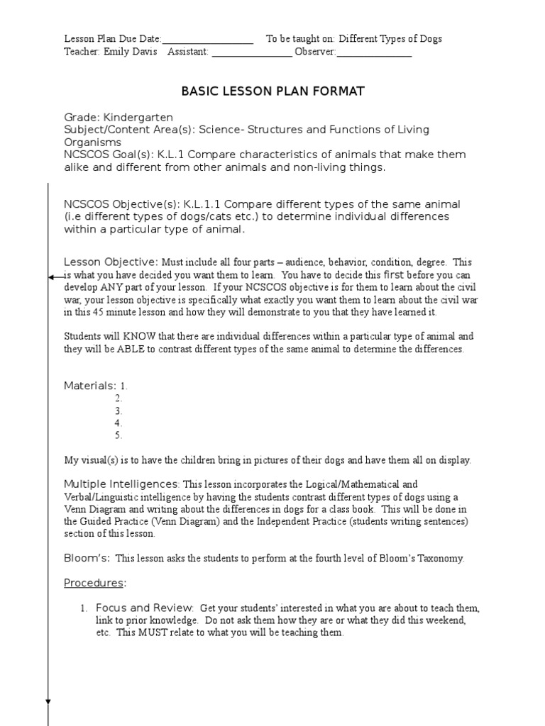 Different Types of Dogs Lesson Plan | PDF | Lesson Plan | Teaching