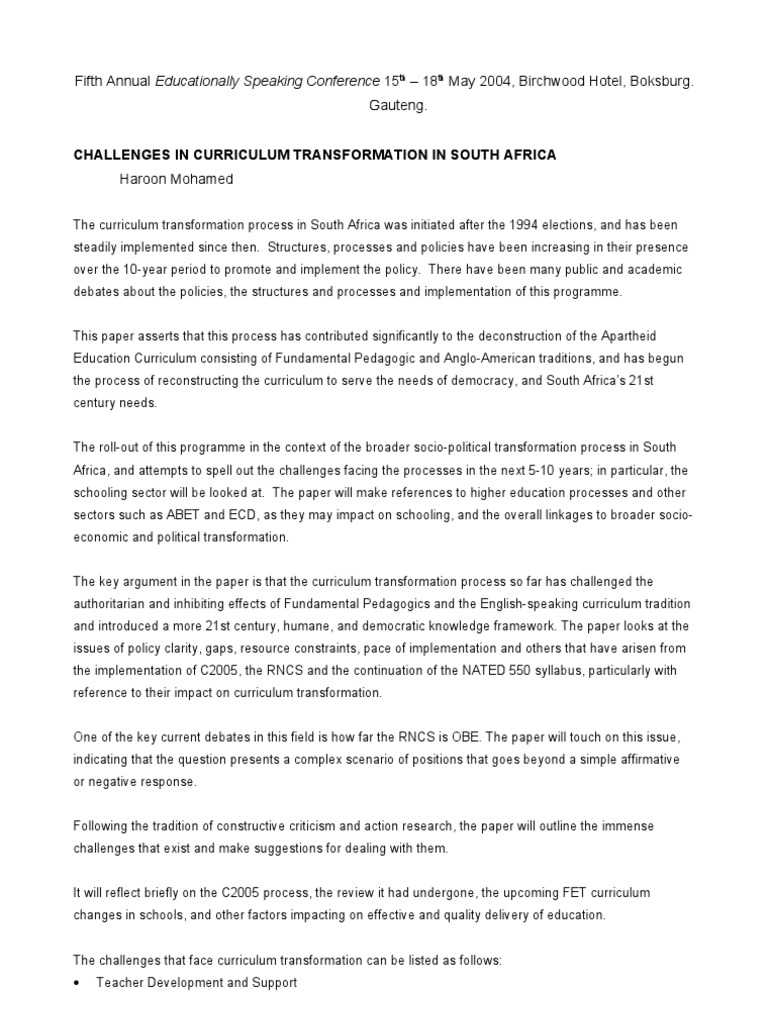 Challenges in Curriculum Transformation in South Africa: Teacher ...