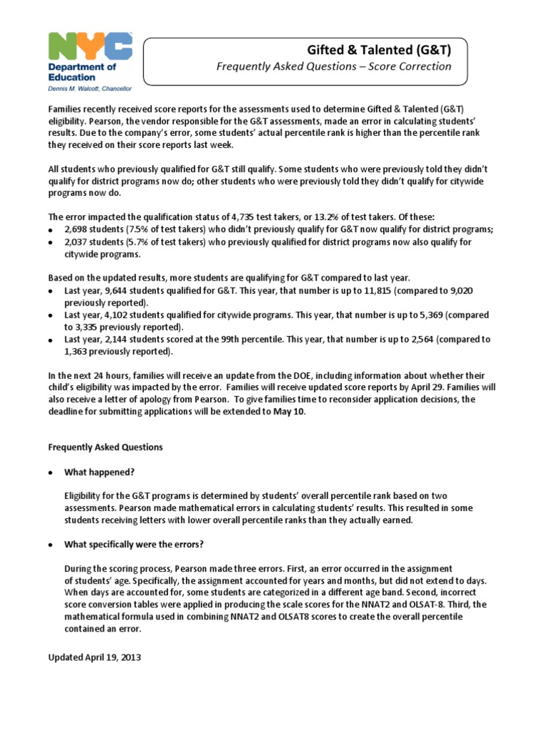 Gifted & Talented (G&T) : Frequently Asked Questions - Score Correction ...