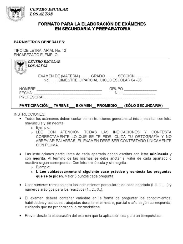 Formato para La Elaboración de Exámenes de Sec y Prepa | PDF