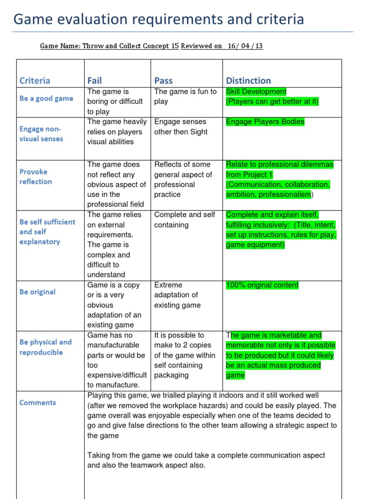 Game Evaluation Criteria for Throw and Collect | PDF