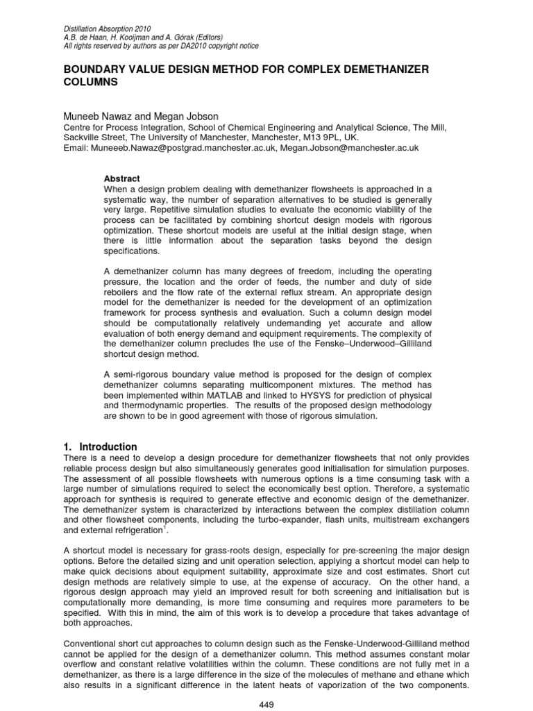 Boundary Value Design Method For Complex Demethanizer Columns ...