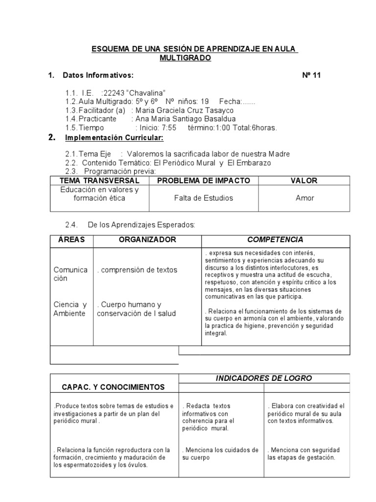 Esquema de Una Sesión de Aprendizaje en Aula Multigrado | PDF | Lectura (proceso) | Aprendizaje