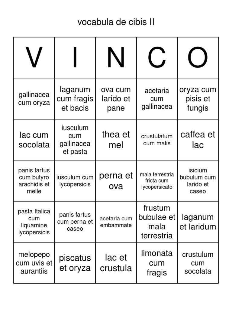 Latin Bingo: Food Vocabulary Combinations | PDF