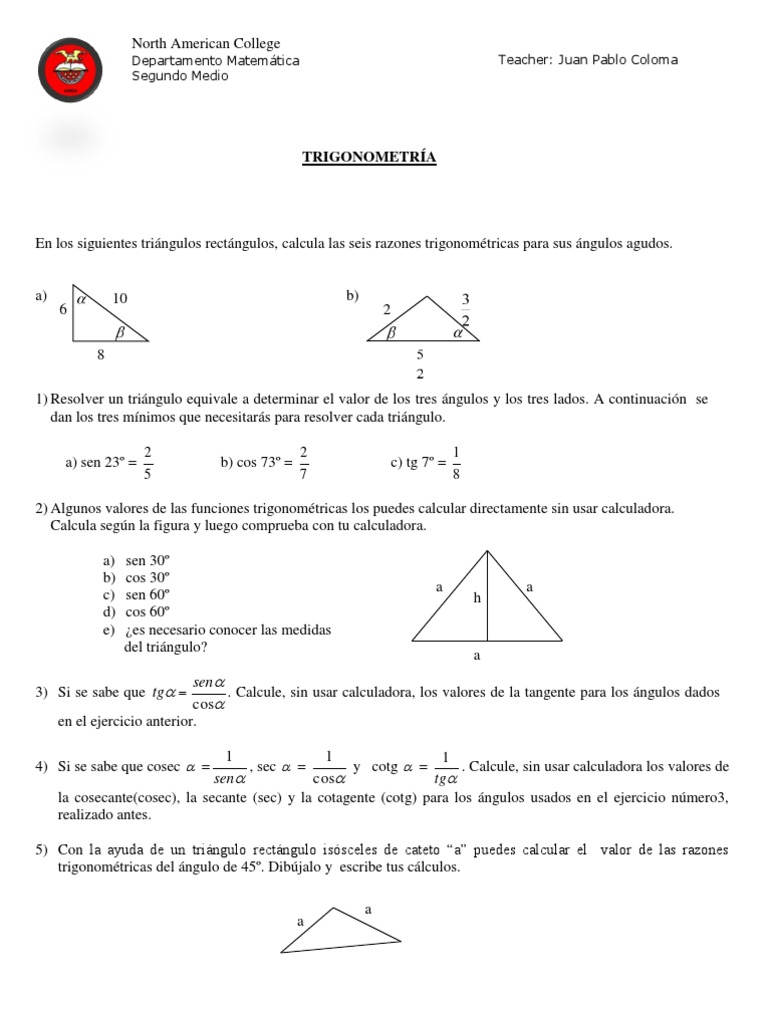 Guia de Ejercicios de Trigonometria | PDF | Trigonometría | Triángulo