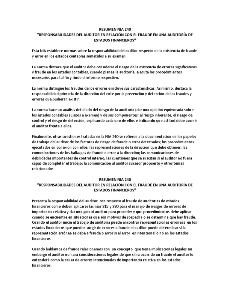 RESUMEN NIA 240 para Imprimir | PDF | Contralor | Auditoría