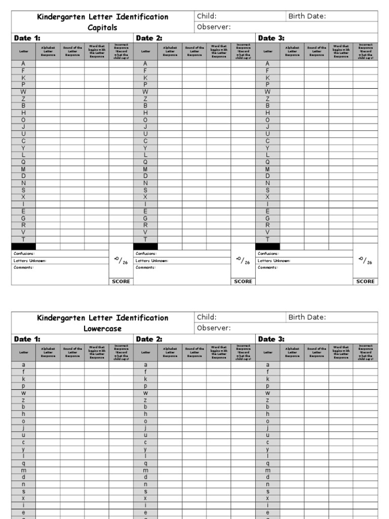 Kindergarten Letter ID Assessment Sheet | PDF | Symbols | Cognitive Science