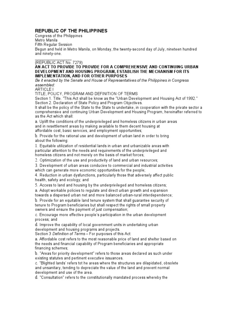 RA 7279 - Urban Development and Housing Act of 1992 | PDF | Squatting ...