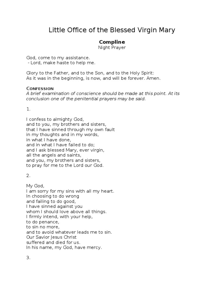 Little Office of The Blessed Virgin Mary-Compline Night Prayer | PDF ...