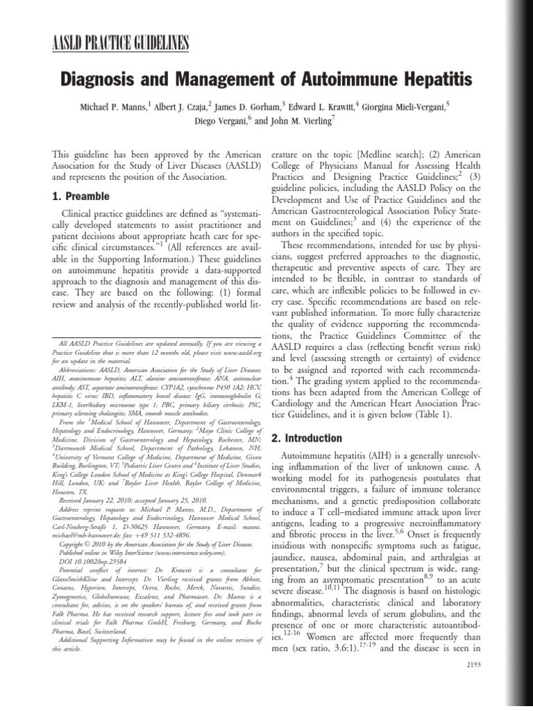 Aasld Practice Guidelines Diagnosis and Management of Autoimmune ...