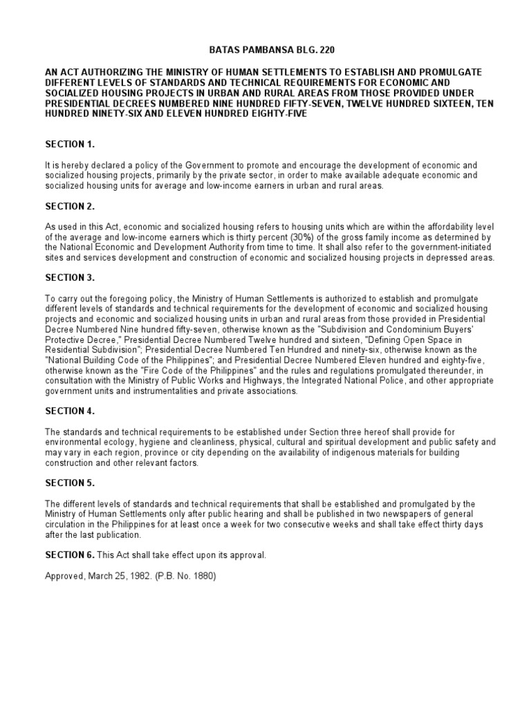 BP 220 - Standards For Economic and Socialized Housing | PDF