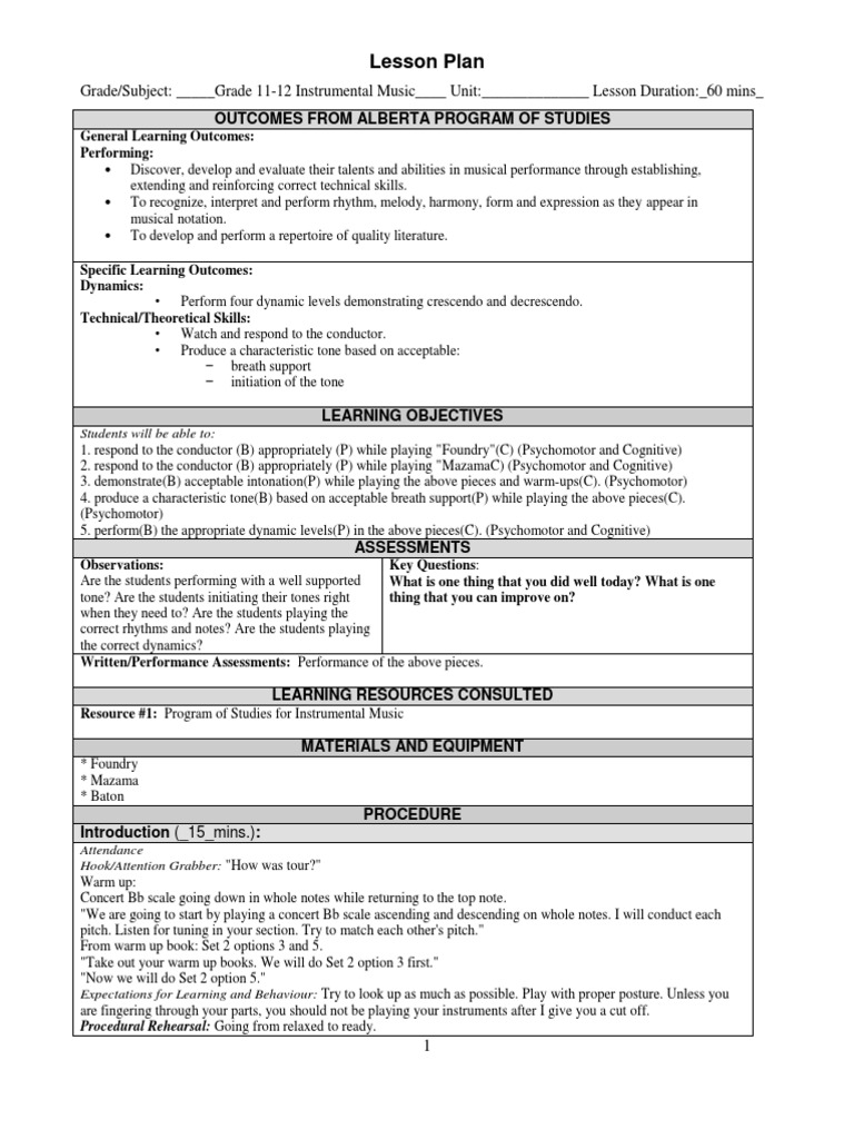 Grade 11-12 Instrumental Music Lesson Plan | PDF | Conducting | Lesson Plan
