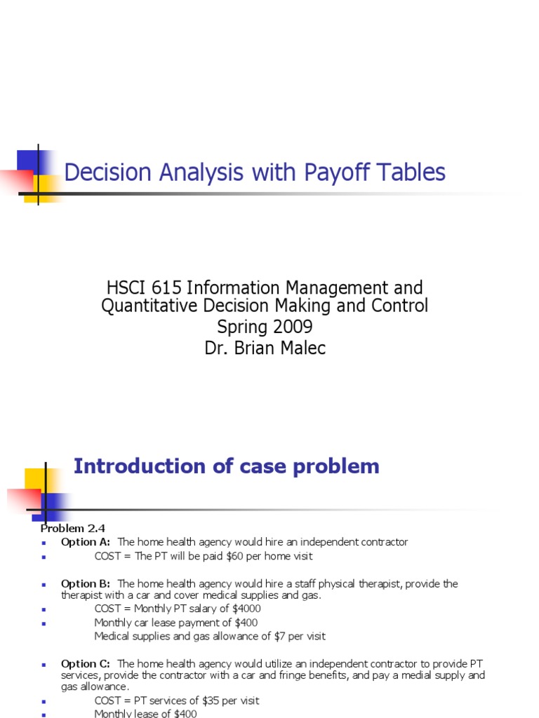 Decision Analysis With Payoff Tables | PDF | Mathematical And ...