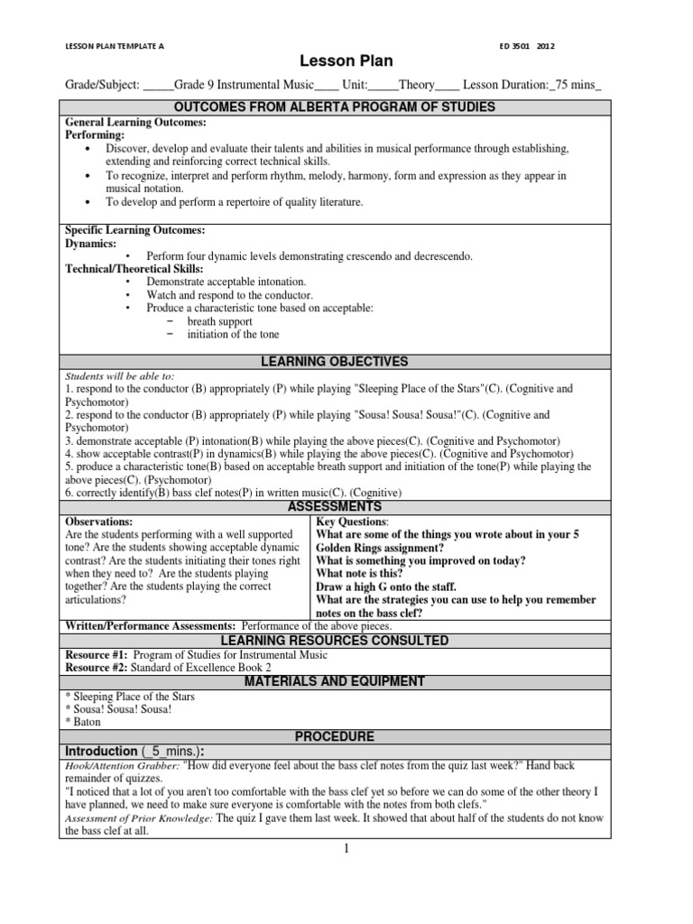 Grade 9 Band Lesson Plan | PDF | Musical Notation | Lesson Plan