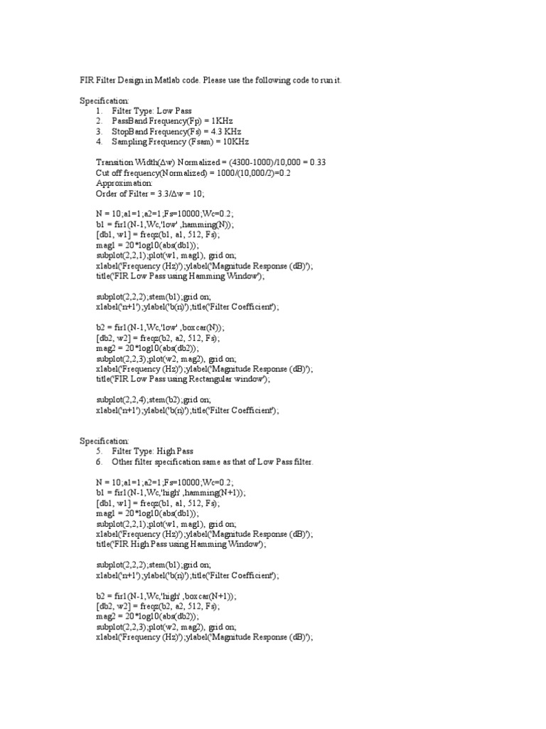 Fir Filter Design Matlab Pdf Low Pass Filter Algorithms