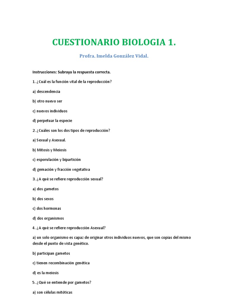 CUESTIONARIO BIOLOGIA 1 | Reproduction | Heredity