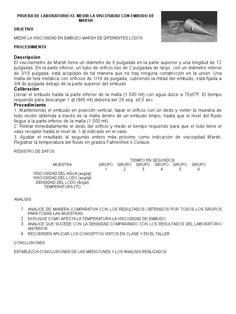 Viscosidad Embudo de Marsh | PDF | Viscosidad | Densidad
