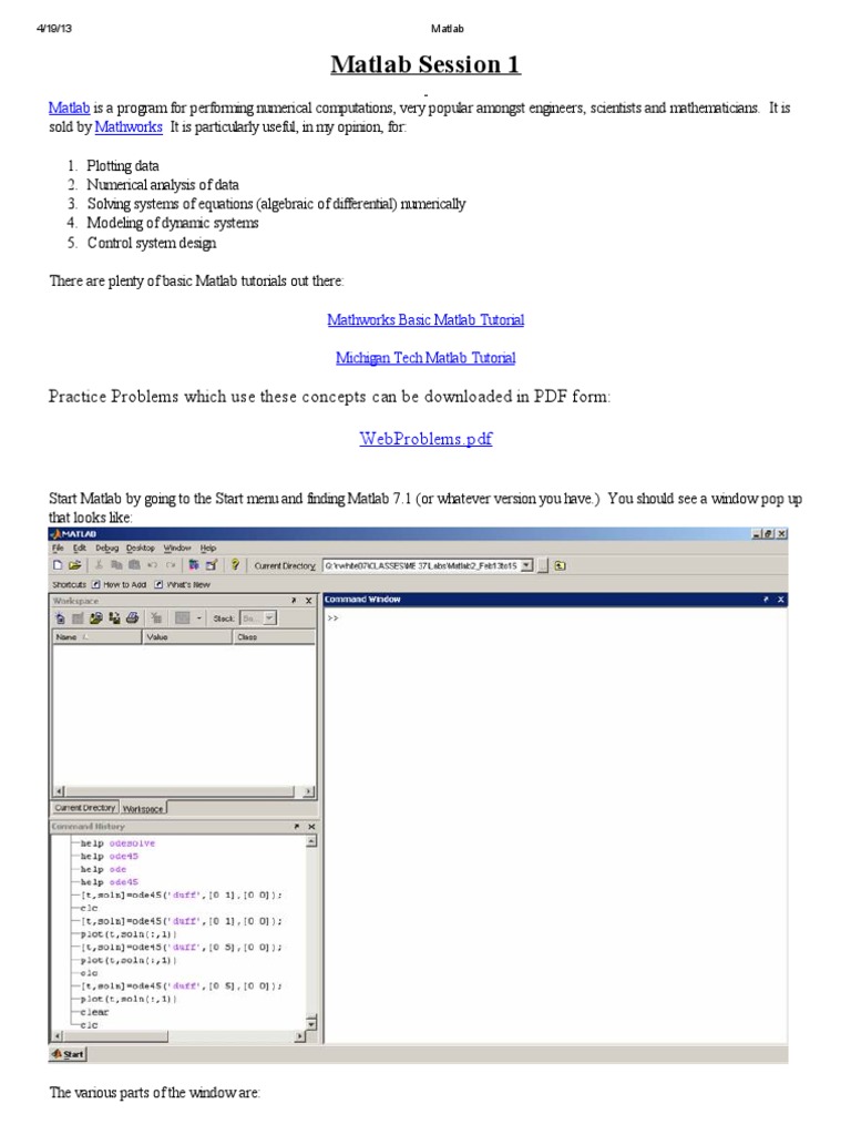Matlab Session 1: Practice Problems Which Use These Concepts Can Be Downloaded in PDF Form | PDF ...