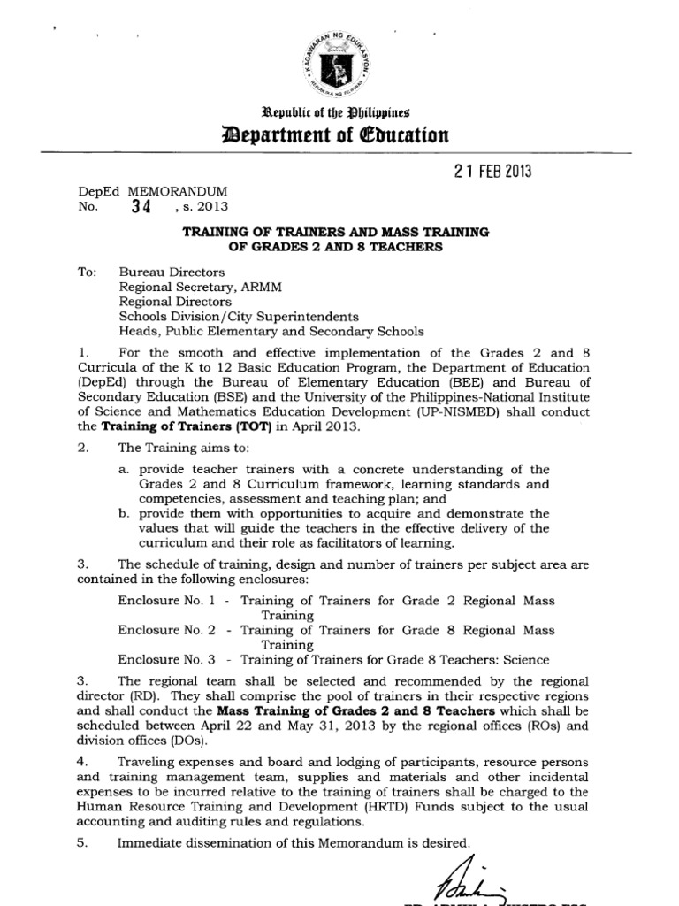 DepEd Memo No. 34, S. 2013-Training of Trainers and Mass Training of ...