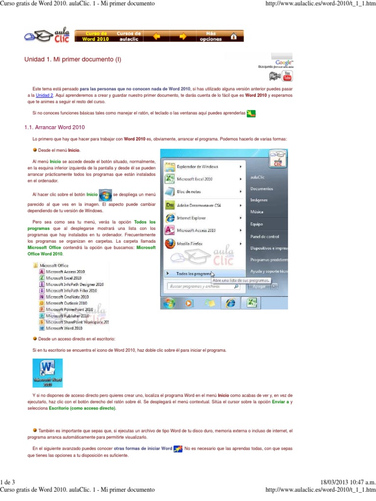 Curso Gratis de Word 2010. AulaClic. 1 - Mi Primer Documento | PDF | Point and Click | Software ...
