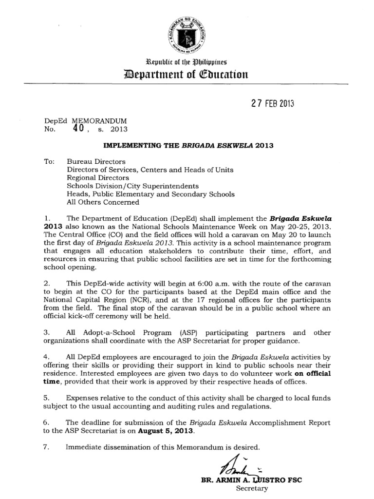 DepEd Memo No. 40, s. 2013-Implementing the Brigada Eskwela 2013