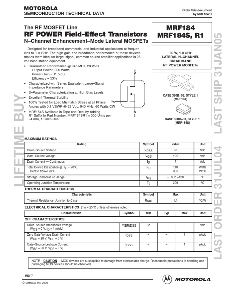 Broadband RF MOSFET Data Sheet | PDF | Field Effect Transistor | Mosfet