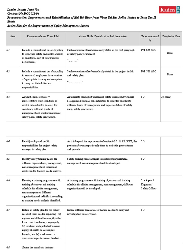 Safety Improvement Action Plan | PDF | Safety | Occupational Safety And ...
