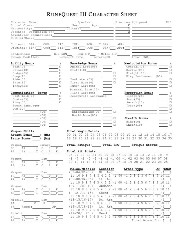 RuneQuest 3rd Edition Character Sheet PDF | PDF | Fantasy Games | Gaming
