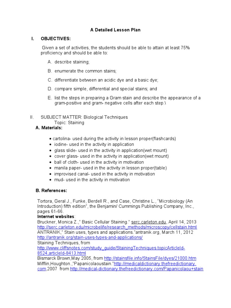Lesson Plan in Biotechniques (Staining) | PDF | Staining | Cytopathology