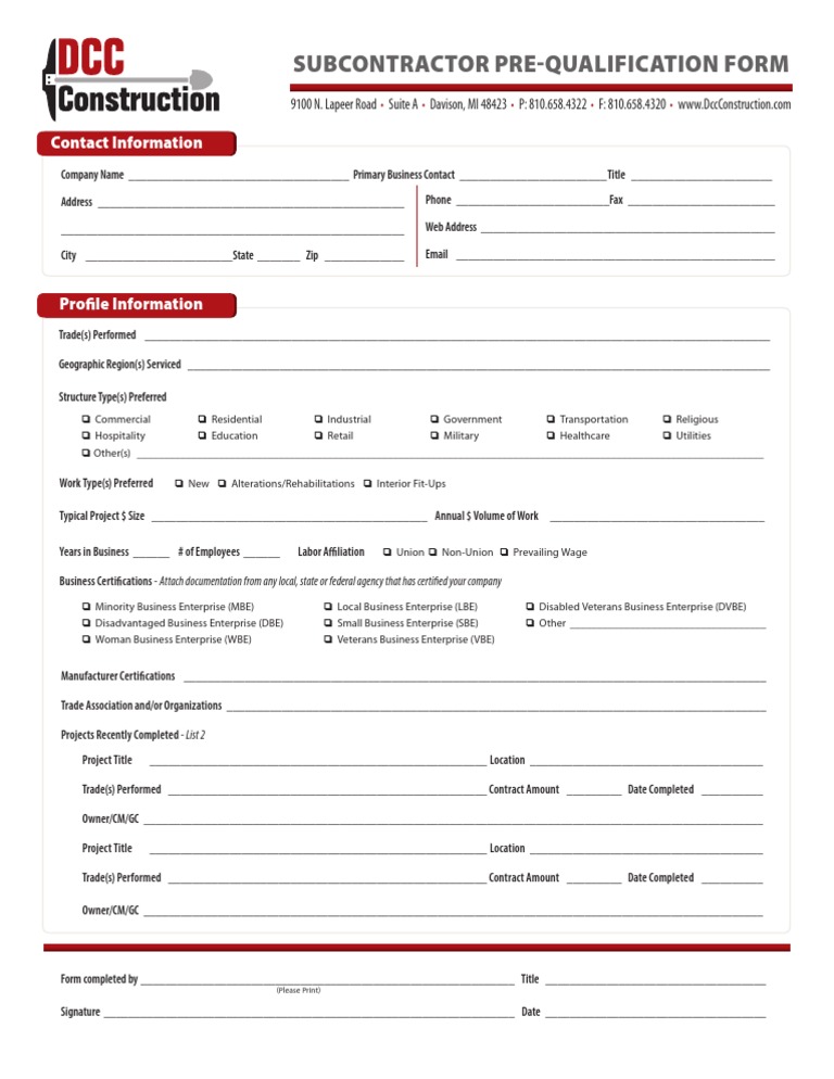 Subcontractor Pre-qualification Form | PDF