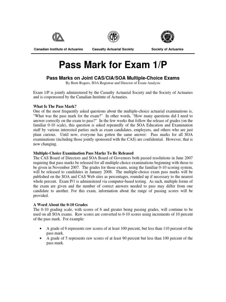 Pass Mark For Exam 1/P: Pass Marks On Joint CAS/CIA/SOA Multiple-Choice ...