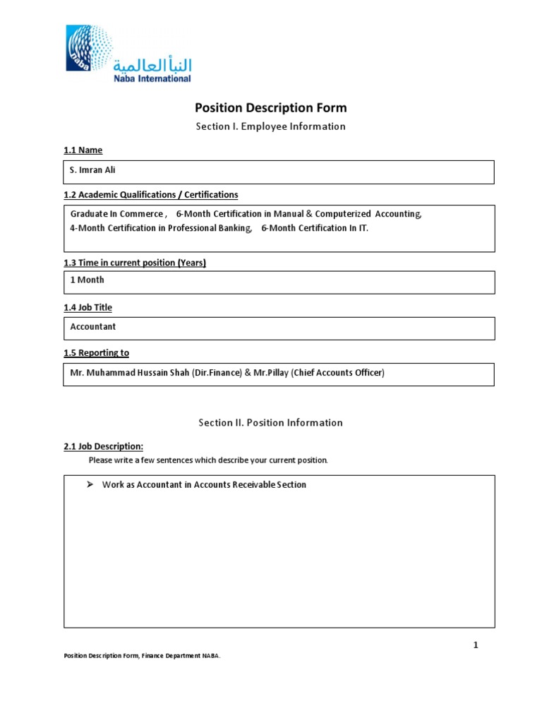 Position Description Form: Section I. Employee Information | PDF ...
