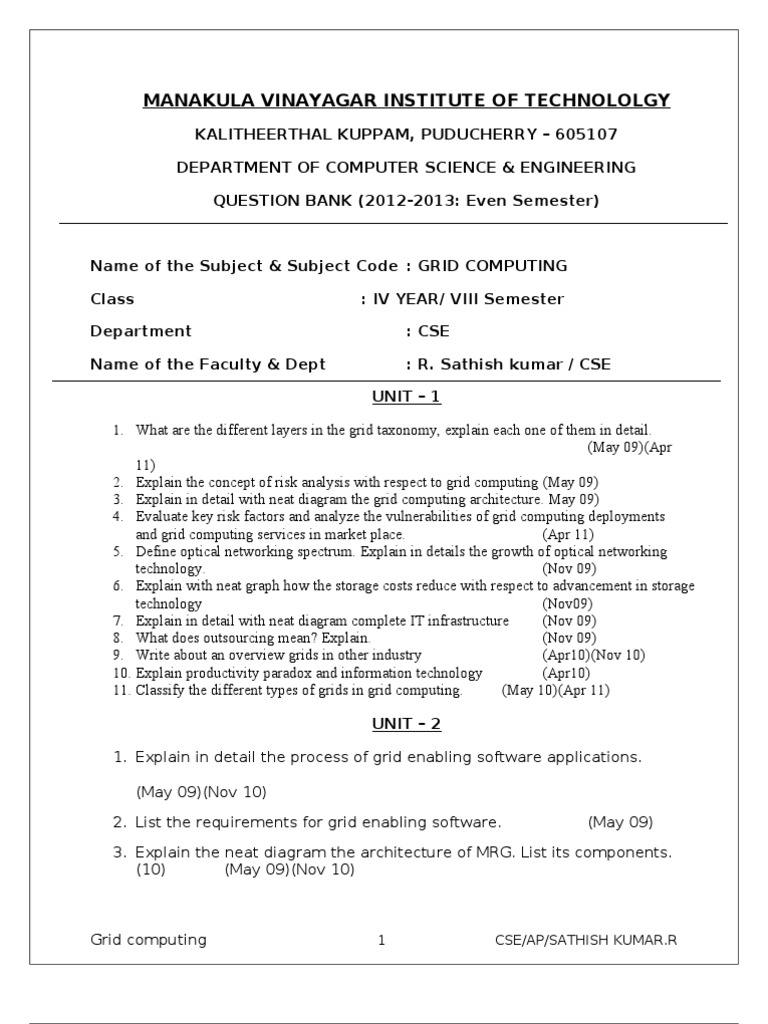 Manakula Vinayagar Institute of Technololgy: 1 Cse/Ap/Sathish Kumar.R | PDF | Grid Computing ...