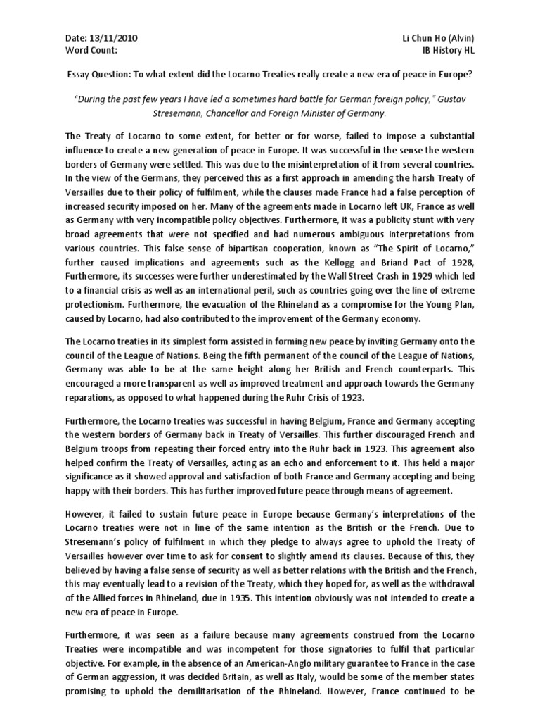 Essay Question To What Extent Did The Locarno Treaties Really Create A ...