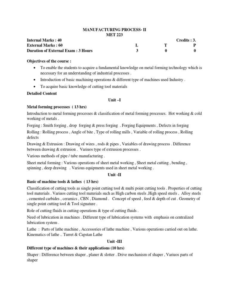 Manufacturing Process Syllabus | PDF | Rolling (Metalworking) | Forging