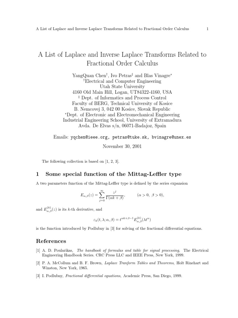A List of Laplace and Inverse Laplace Transforms Related To Fractional Order Calculus | Download ...
