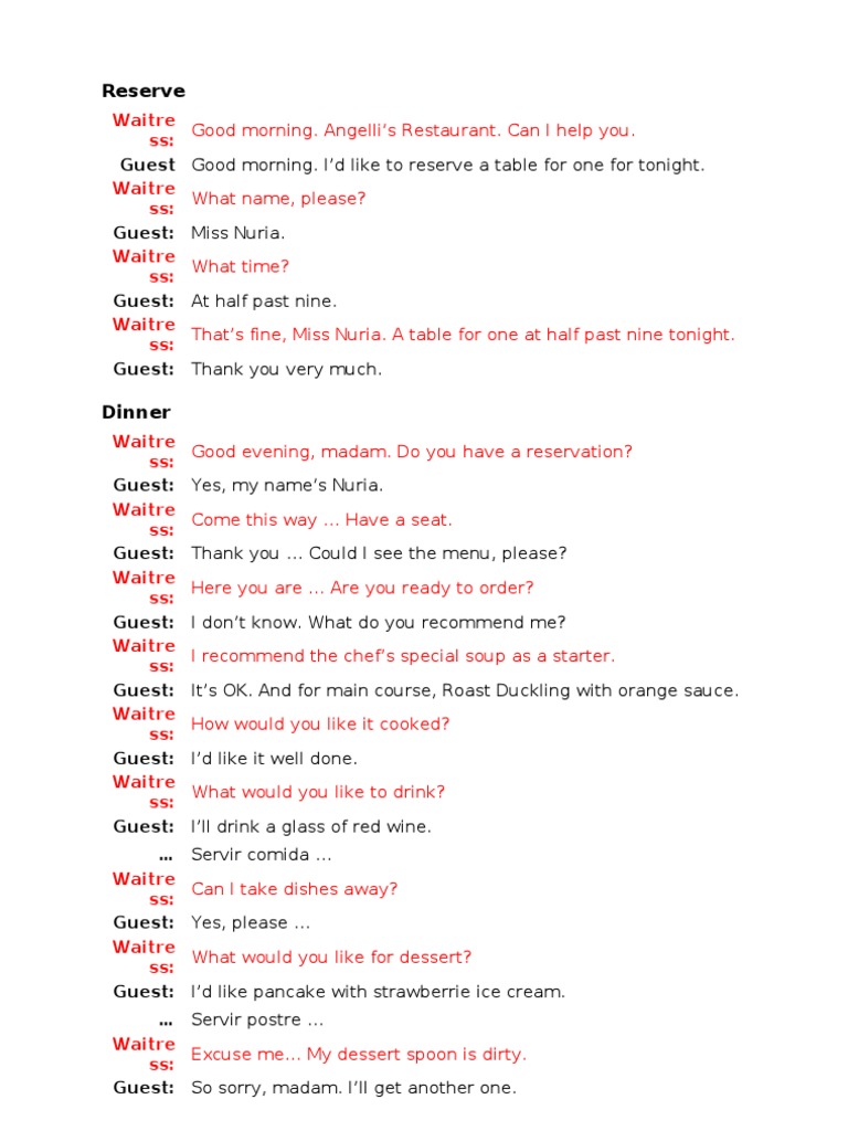 Restaurant Reservation Dialogue | PDF