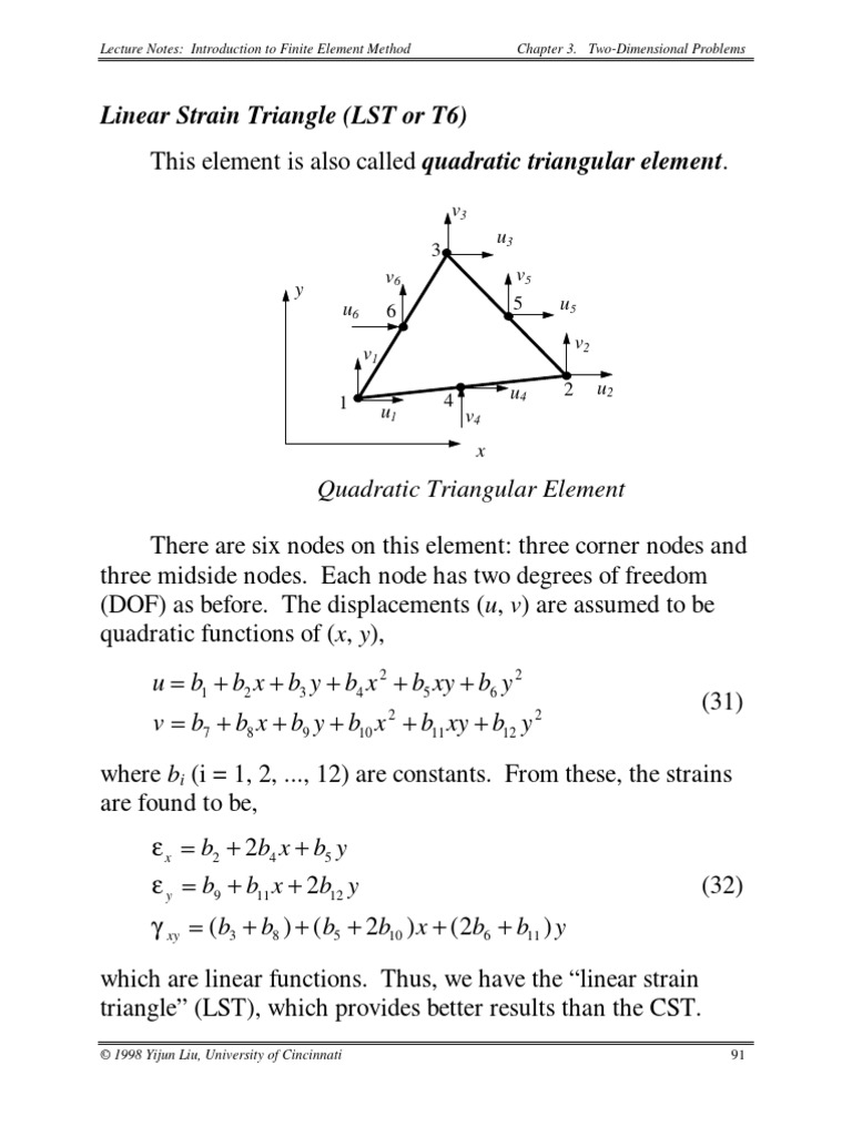 Linear Strain Triangle (LST or T6) : Quadratic Triangular Element | PDF | Finite Element Method ...