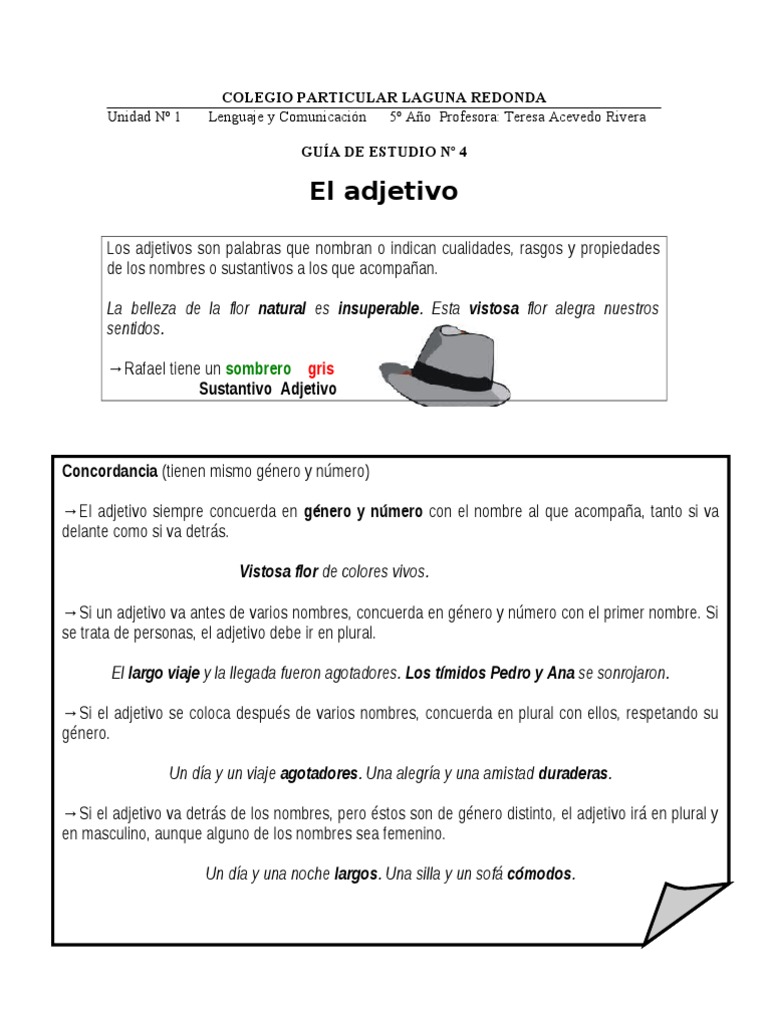 Guía de Estudio: El Adjetivo | PDF | Adjetivo | Género gramatical