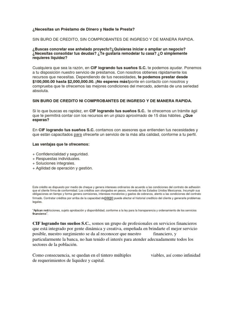 Anuncio de préstamos rápidos y sin buro de crédito de una compañía ...
