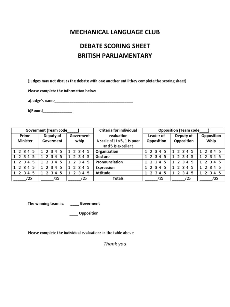 British Parliamentary Debate Scoring Sheet | PDF