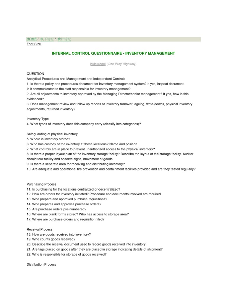 Internal Controls Over Inventory Management: An Audit Questionnaire for ...