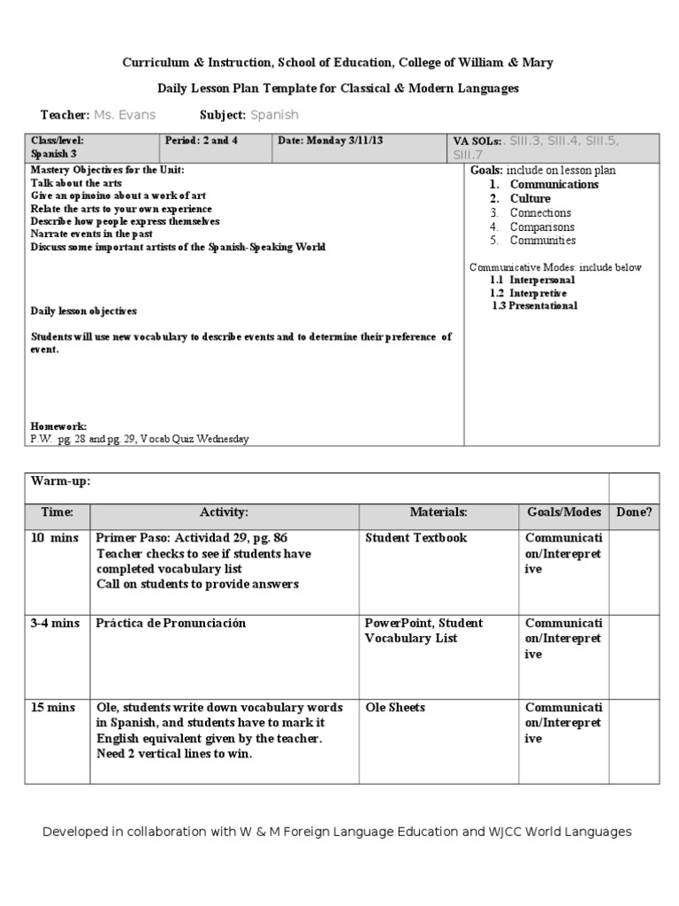 Spanish 3 Lesson Plan: Arts & Events | PDF | Lesson Plan | Spanish Language