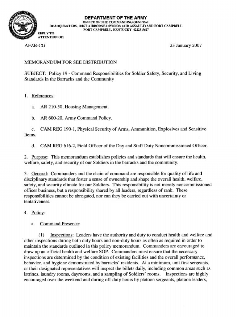 Fort Campbell Barracks Policy 19 | PDF