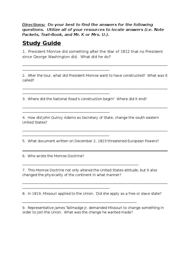 Era of Good Feeling Study Guide | PDF | James Monroe | Trail Of Tears