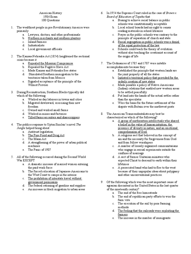 1984 AP Exam American History Answers | PDF | Slavery In The United ...