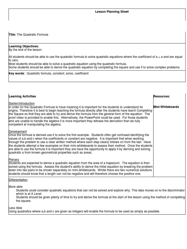 Lesson Planquadform | PDF | Quadratic Equation | Equations