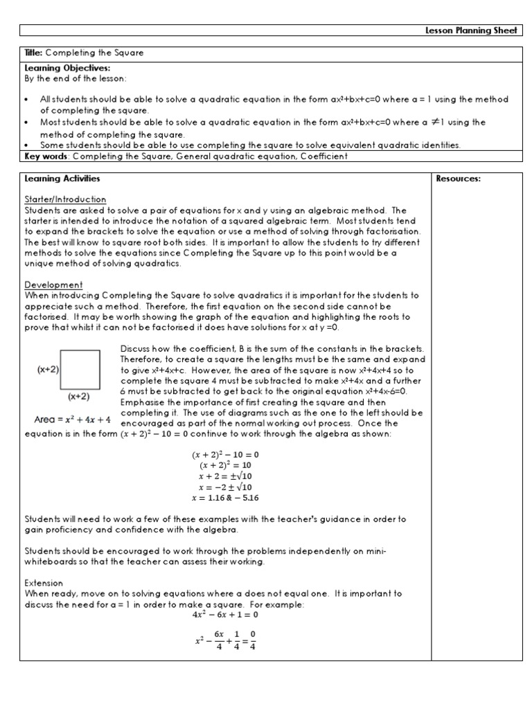 Lesson Plansquare | PDF | Quadratic Equation | Equations