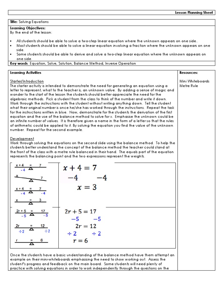 Lesson Planning Sheet Title: Solving Equations Learning Objectives ...