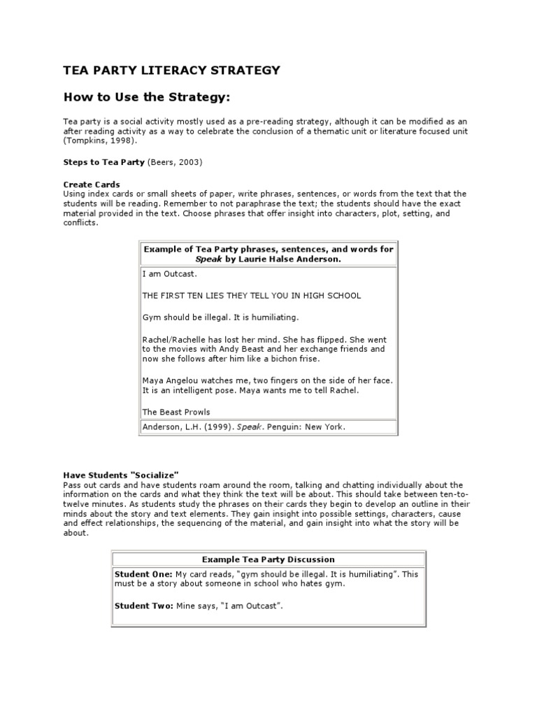Tea Party Literacy Strategy | Download Free PDF | Jealousy | Reading ...